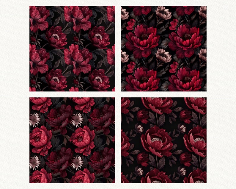 Dark Moody Burgundy Floral Pattern Seamless Digital Papers - Printable ...
