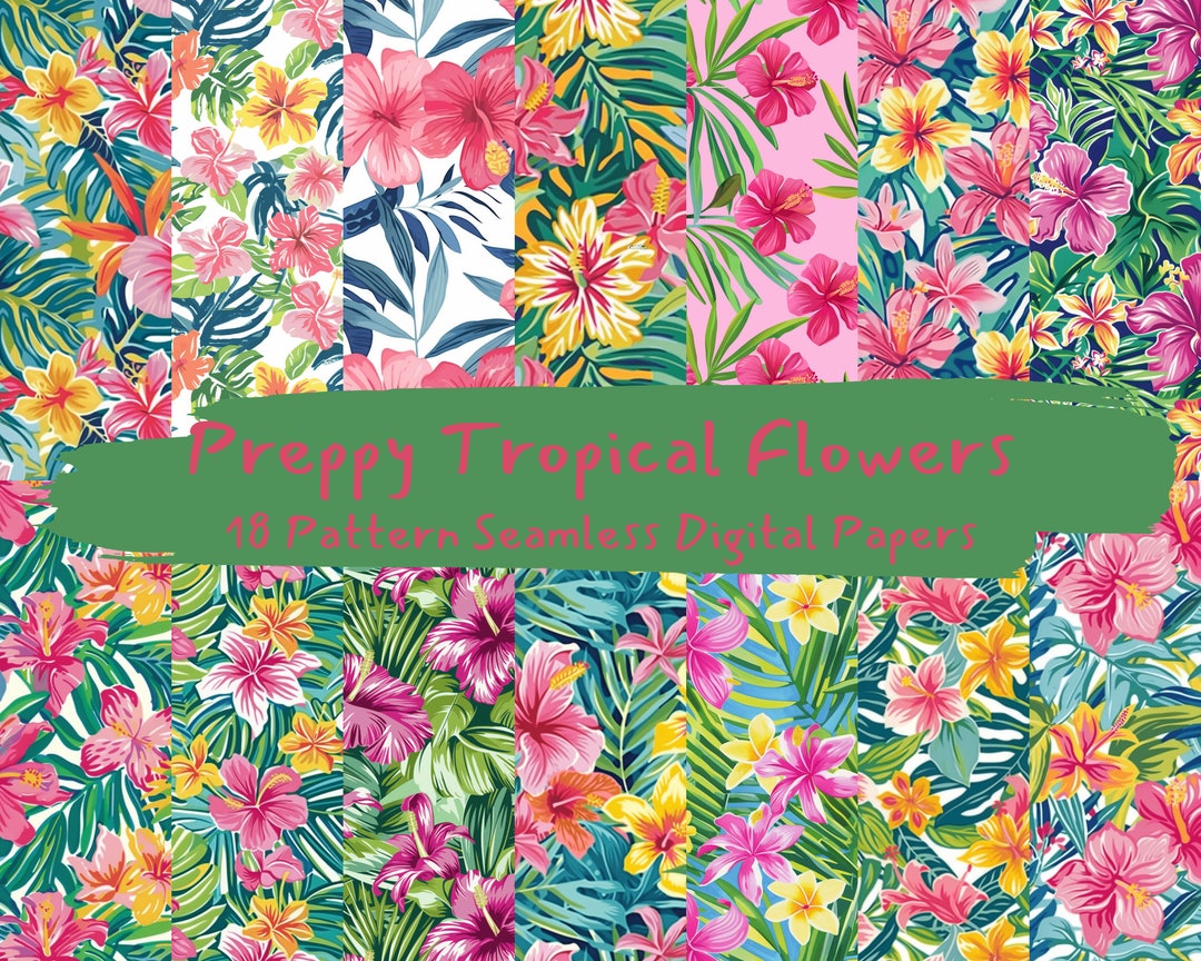 Preppy Tropical Flowers Pattern Seamless Digital Papers - Printable ...