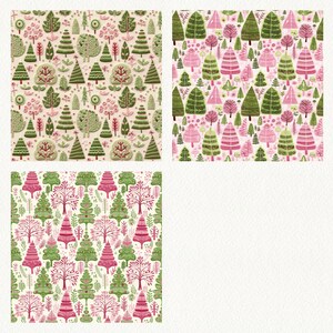Embroidered Pink and Green Trees Pattern Seamless Digital Papers ...