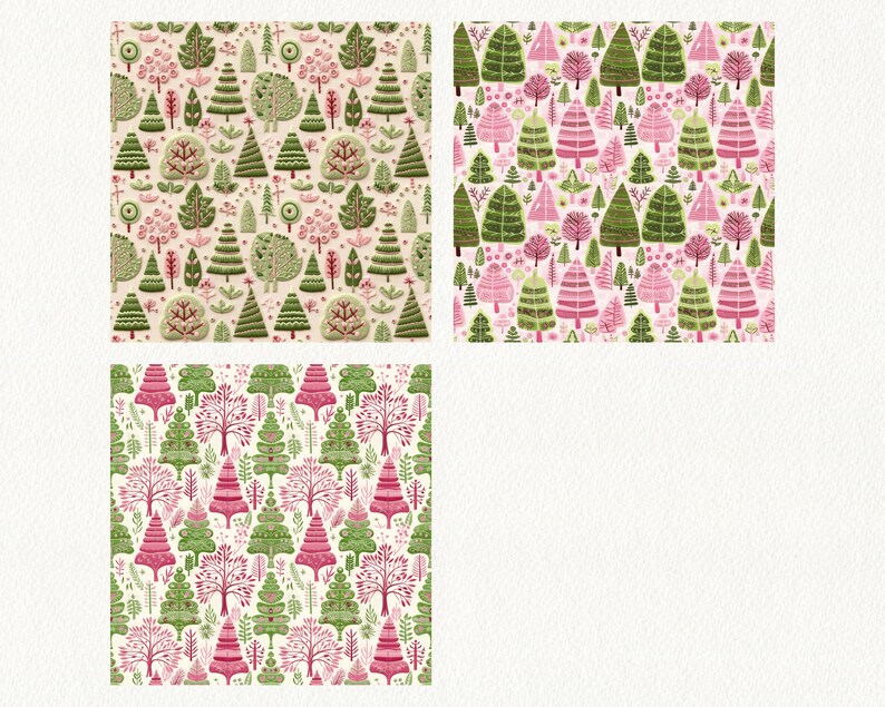 Embroidered Pink and Green Trees Pattern Seamless Digital Papers ...