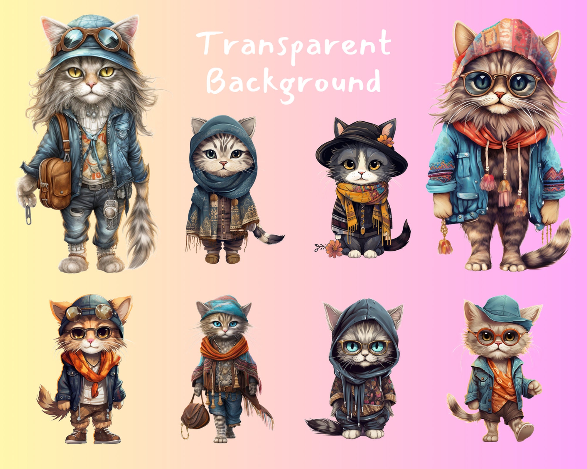 Bohemian Cat, Digital Printable Clip Art Graphics in PNG Format ...