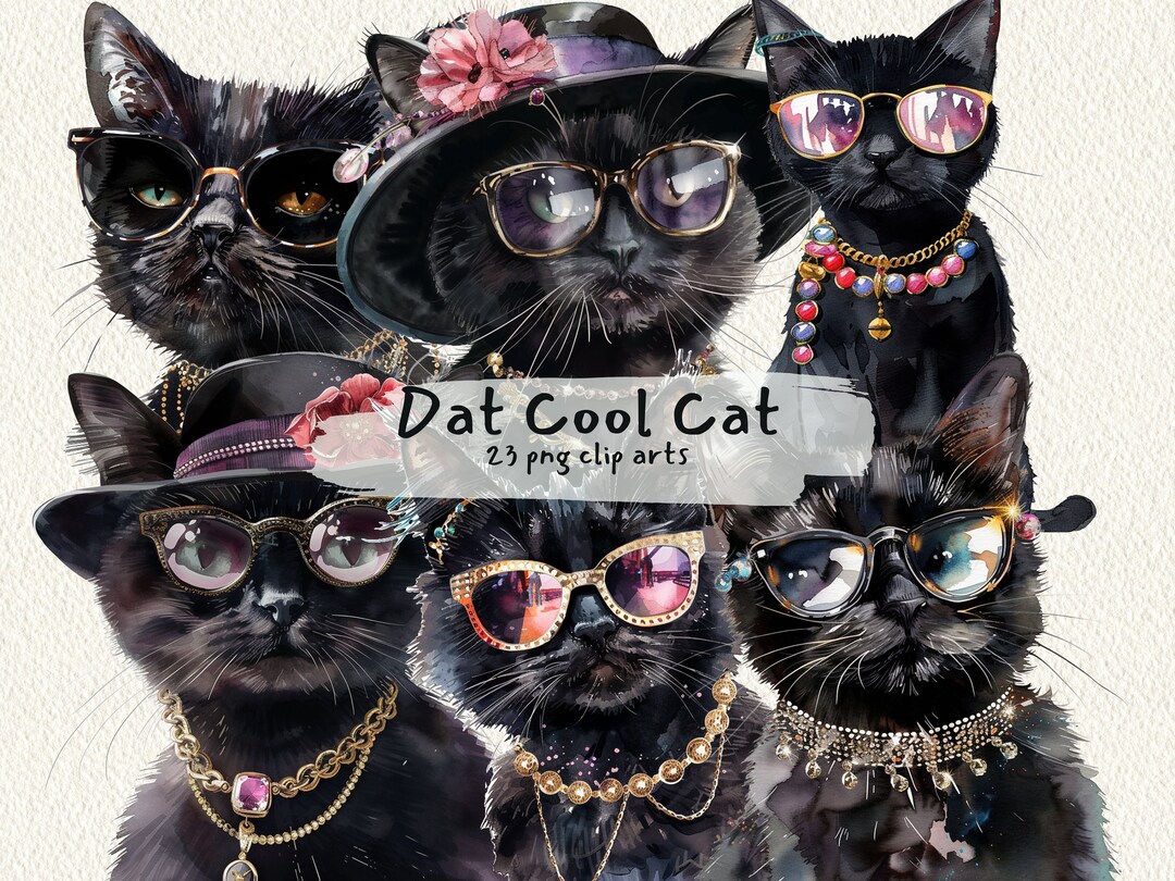 Dat Cool Cat Digital Printable Clipart Bundle in PNG Format Transparent ...