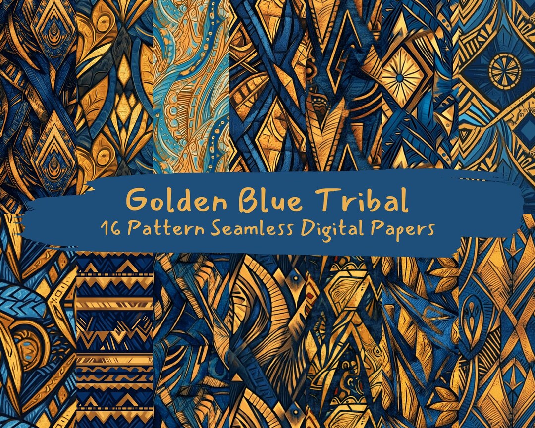 Golden Blue Tribal Pattern Seamless Digital Papers - Printable ...