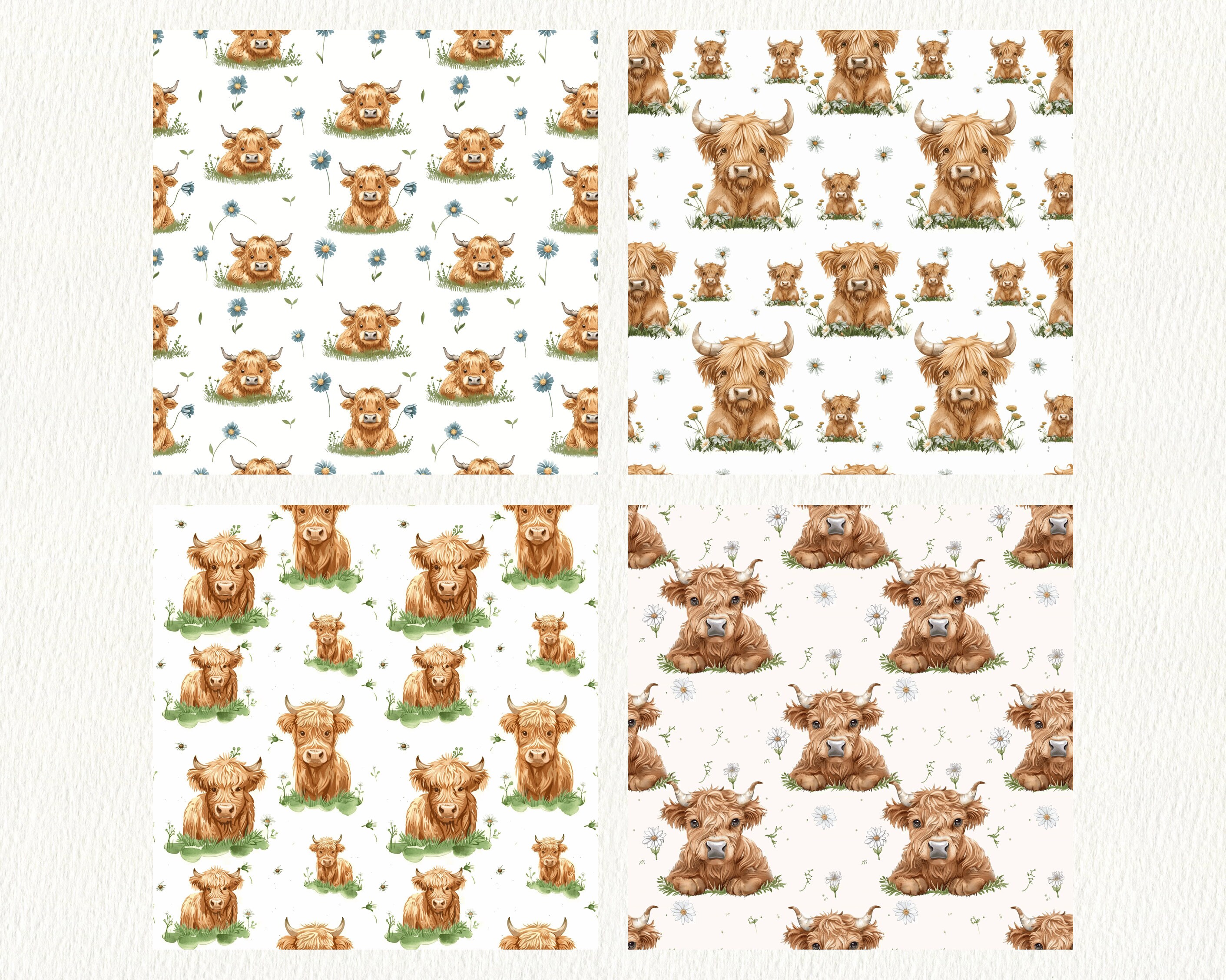 Daisy Highland Cow Pattern Seamless Digital Papers - Printable ...