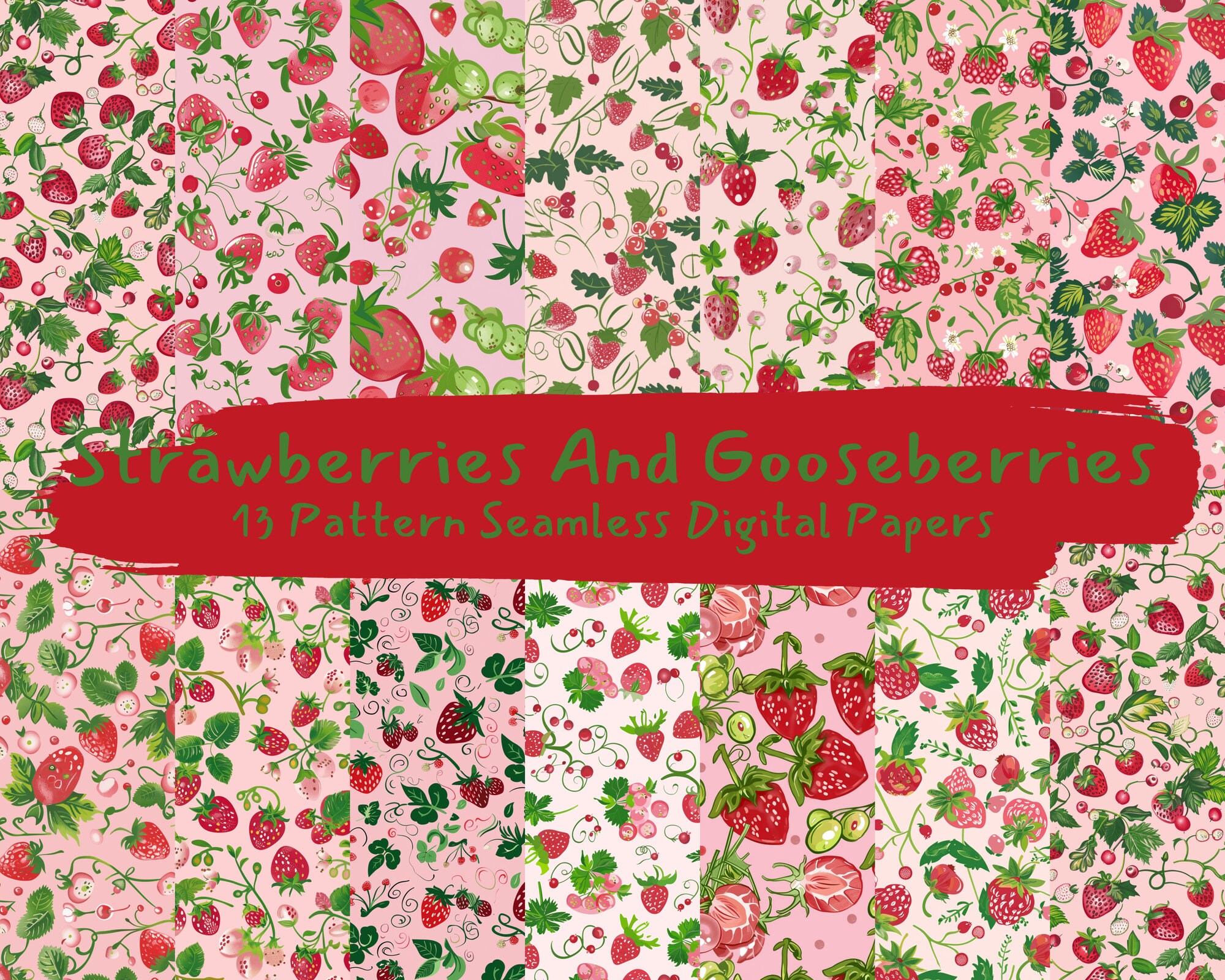 Strawberries and Gooseberries Pattern Seamless Digital Papers ...