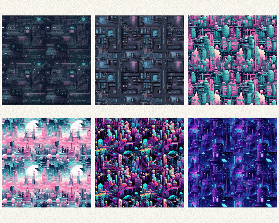 Cyberpunk City Pattern Seamless Digital Papers Tile Patterns Printable ...
