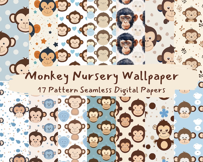 Monkey Nursery Wallpaper Pattern Seamless Digital Papers Printable ...