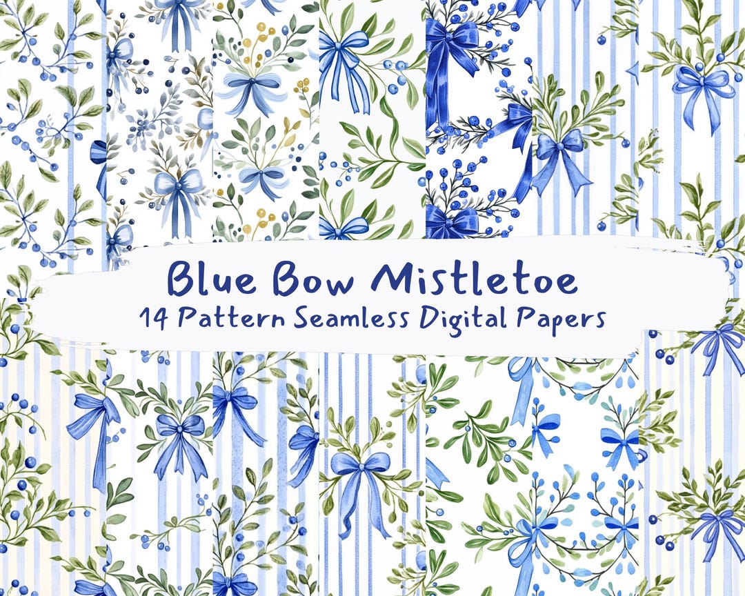 Blue Bow Mistletoe Pattern Seamless Digital Papers - Printable ...