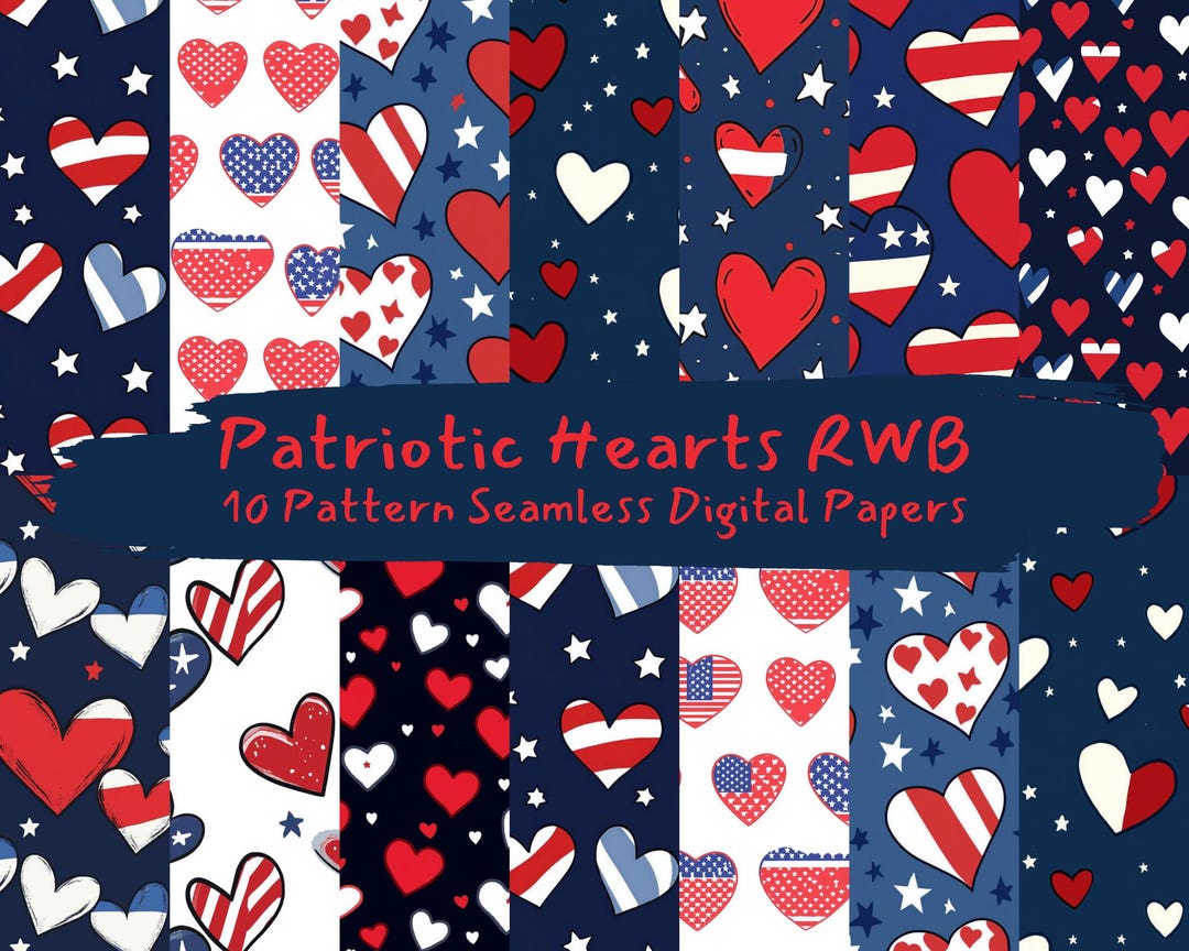Patriotic Hearts RWB Pattern Seamless Digital Papers - Printable ...