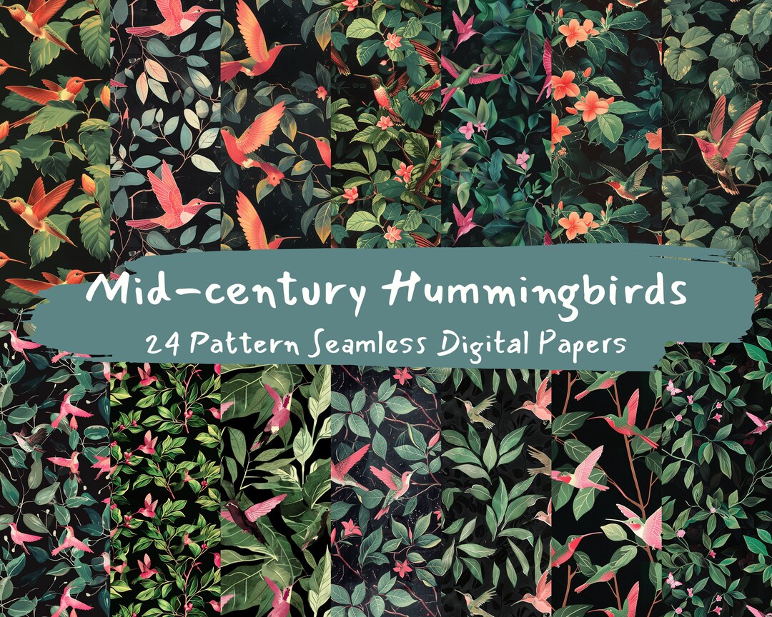 Mid-century Hummingbirds Pattern Seamless Digital Papers - Printable ...