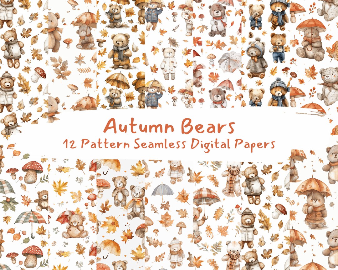 Autumn Bears Pattern Seamless Digital Papers - Printable Scrapbook ...