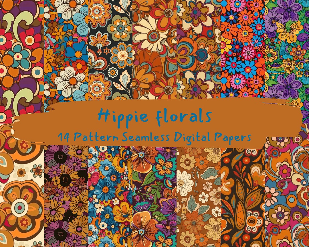 Hippie Florals Pattern Seamless Digital Papers - Printable Scrapbook ...