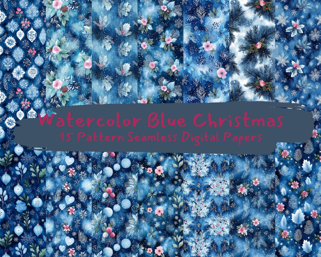 Watercolor Blue Christmas Pattern Seamless Digital Papers - Printable ...