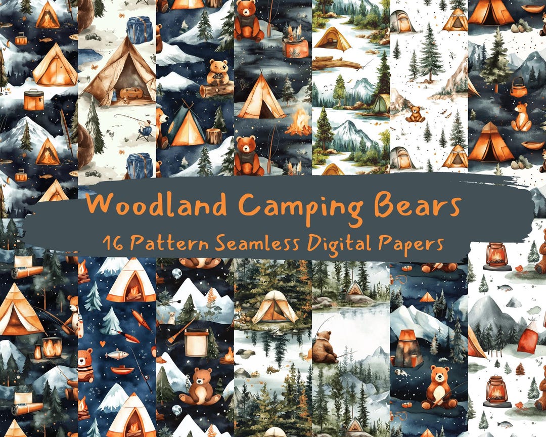 Woodland Camping Bears Pattern Seamless Digital Papers - Printable ...