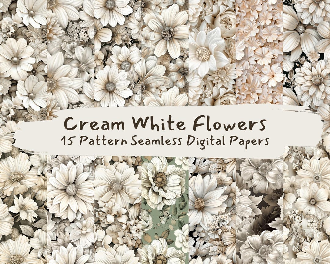 Cream White Flowers Pattern Seamless Digital Papers - Printable ...