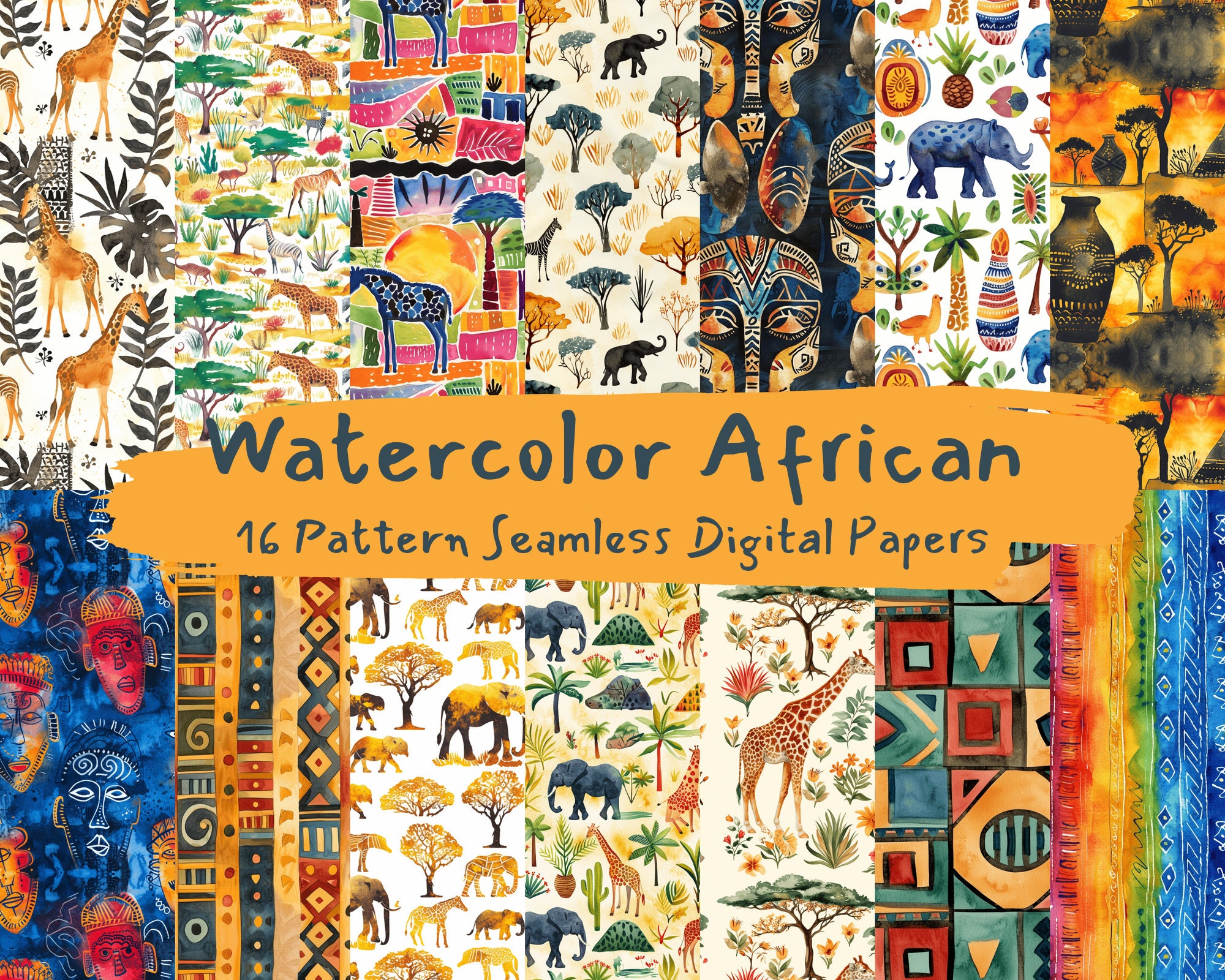 Watercolor African Pattern Seamless Digital Papers Printable Scrapbook ...