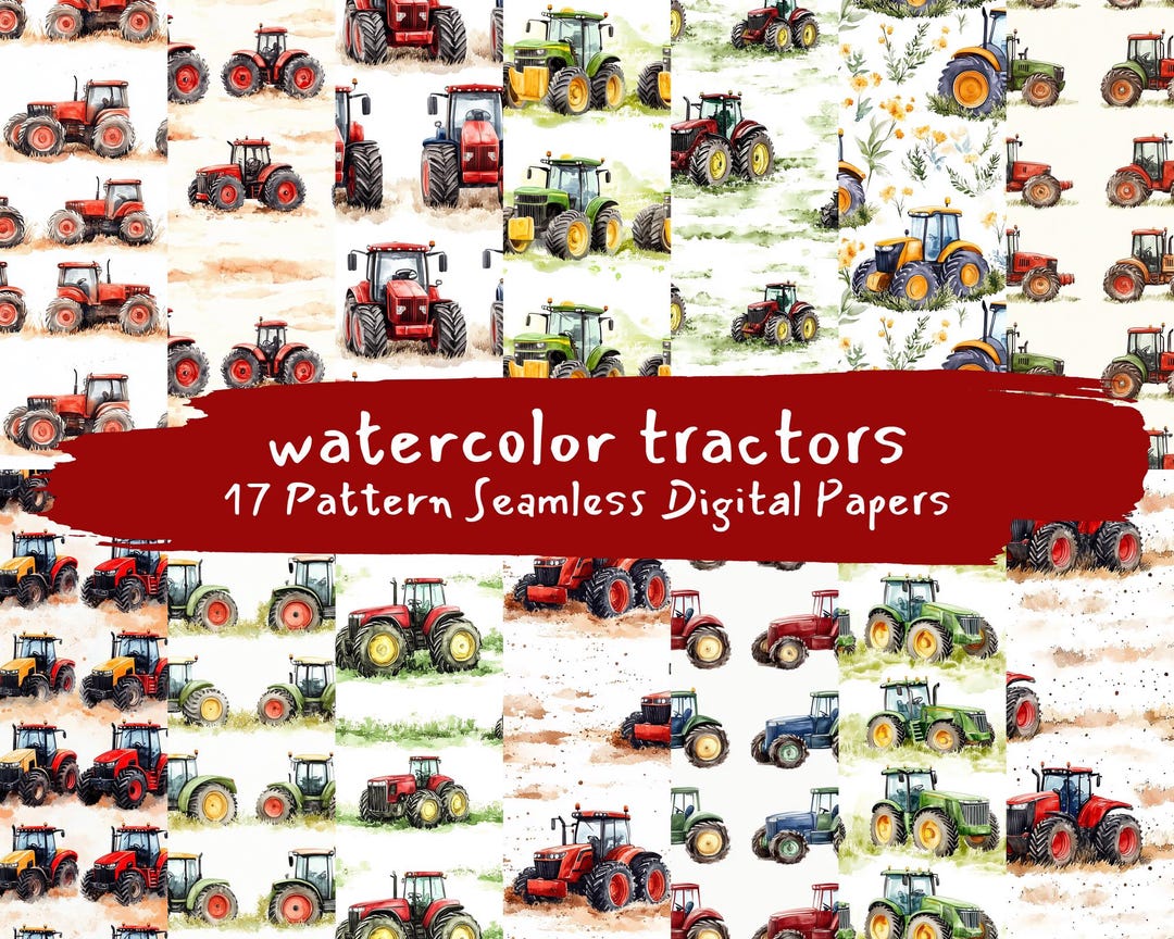Watercolor Tractors Pattern Seamless Digital Papers - Printable ...