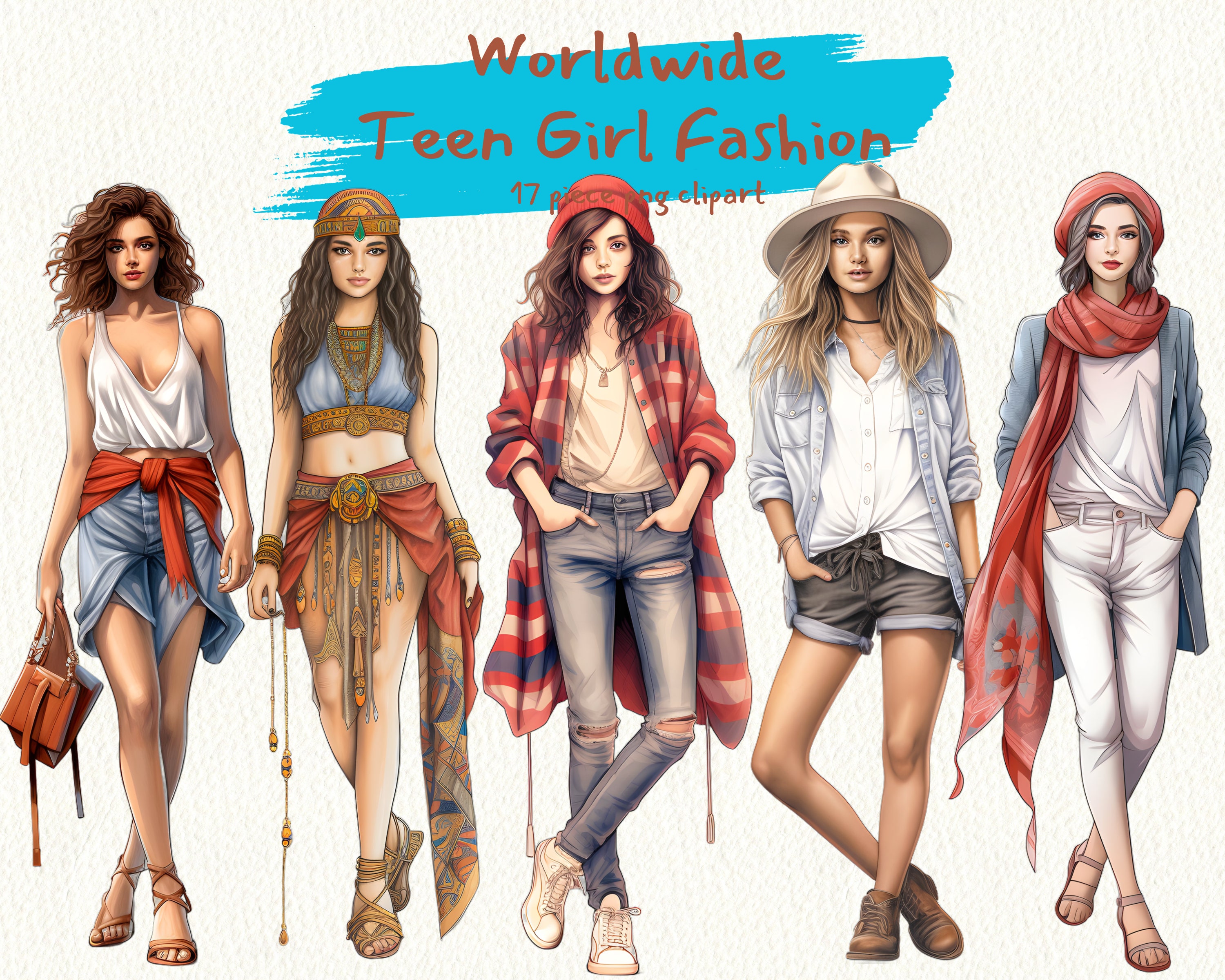 Teen Girl Fashion Digital Clipart Bundle in PNG Format Transparent ...