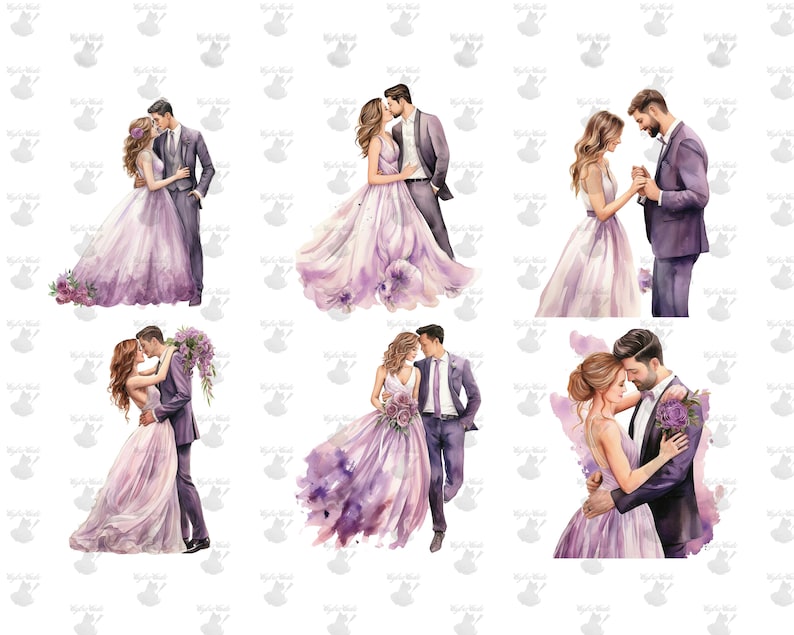 Bride and Groom Purple Wedding Digital Clipart Bundle in PNG Format ...