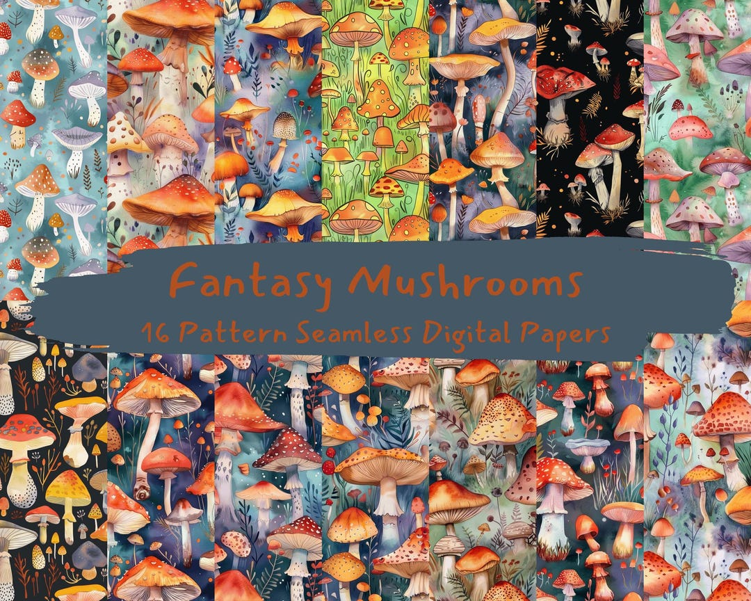 Fantasy Mushrooms Pattern Seamless Digital Papers - Printable Scrapbook ...