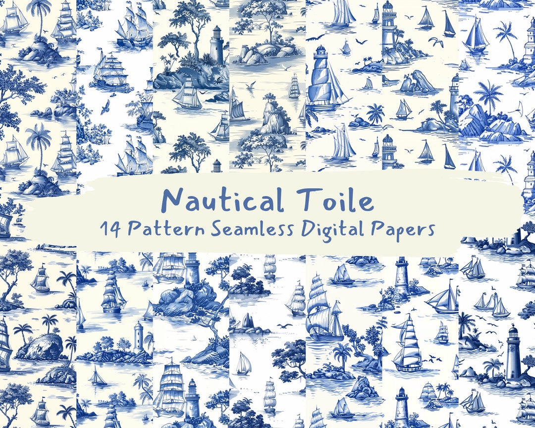 Nautical Toile Pattern Seamless Digital Papers - Printable Scrapbook ...