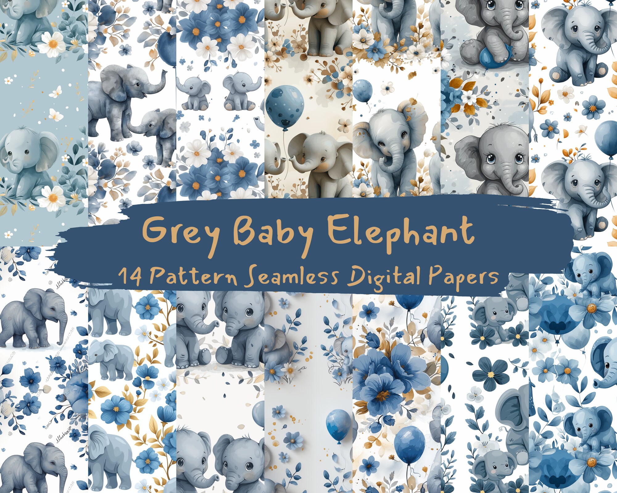 Grey Baby Elephant Pattern Seamless Digital Papers - Etsy