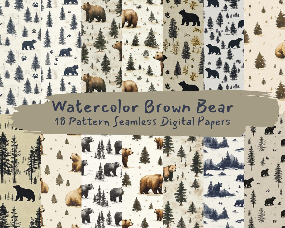 Watercolor Brown Bear Pattern Seamless Digital Papers - Printable ...