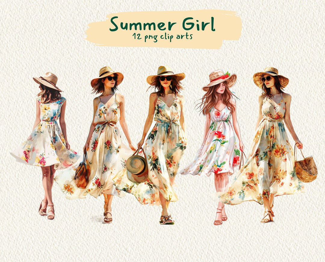 Summer Girl Digital Printable Clipart Bundle in PNG Format Transparent ...