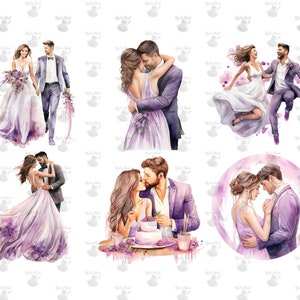 Bride and Groom Purple Wedding Engagement, Digital Clipart Bundle in ...