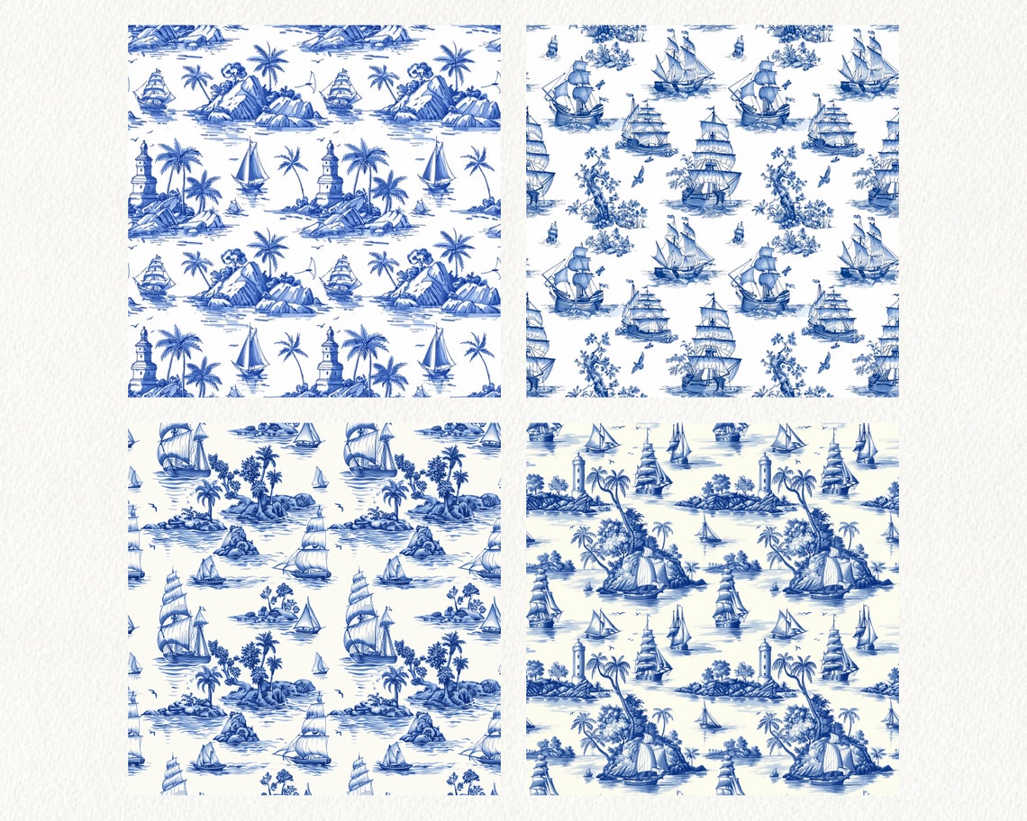 Nautical Toile Pattern Seamless Digital Papers - Printable Scrapbook ...