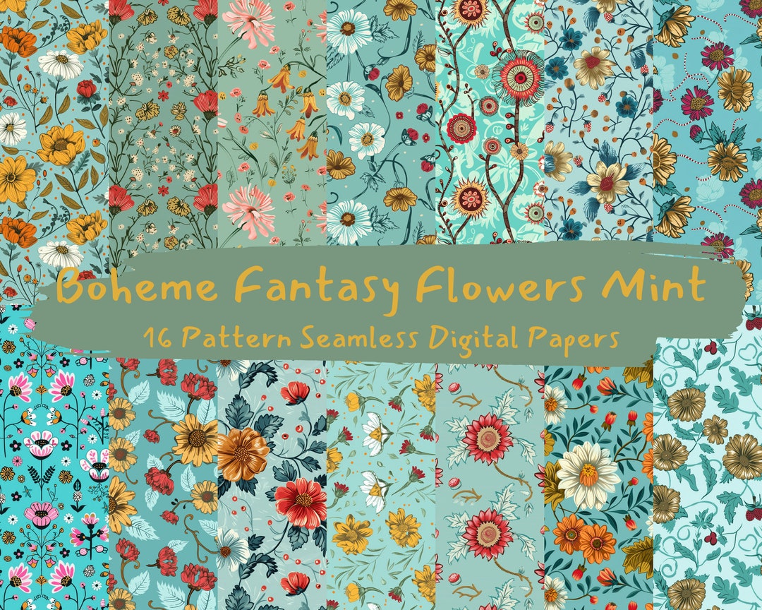 Boheme Fantasy Flowers Mint Pattern Seamless Digital Papers - Printable ...