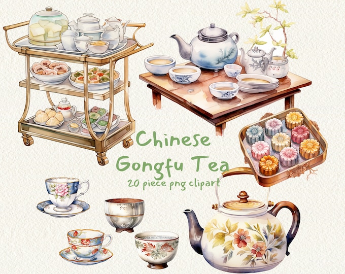 Chinese Tea Set Clipart Bundle | Watercolor Mooncake & Teapot JPG ...