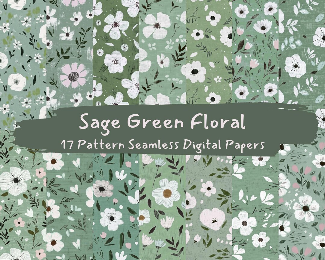 Sage Green Floral Pattern Seamless Digital Papers - Printable Scrapbook ...