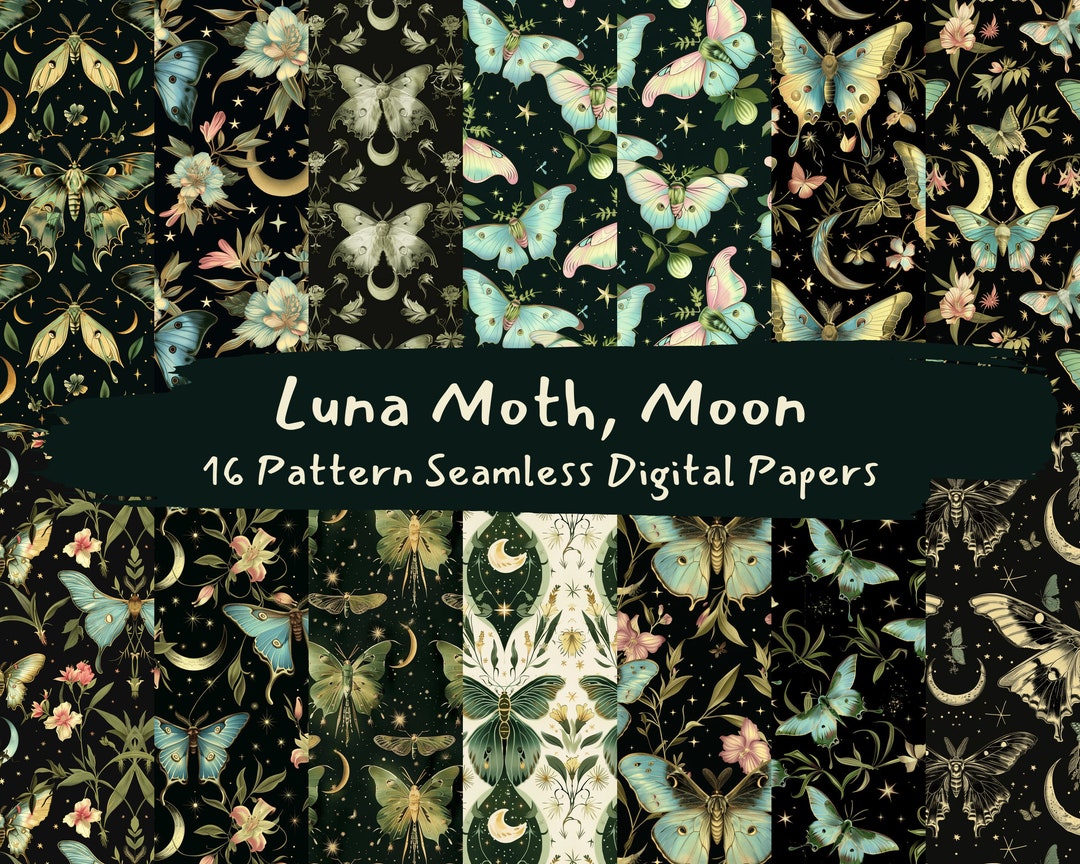 Luna Moth, Moon Pattern Seamless Digital Papers - Printable Scrapbook ...