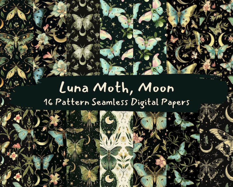 Luna Moth, Moon Pattern Seamless Digital Papers - Printable Scrapbook ...