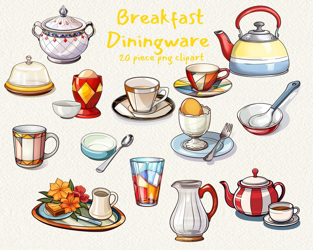 Breakfast Diningware, Digital Printable Clip Art Graphics in PNG Format ...