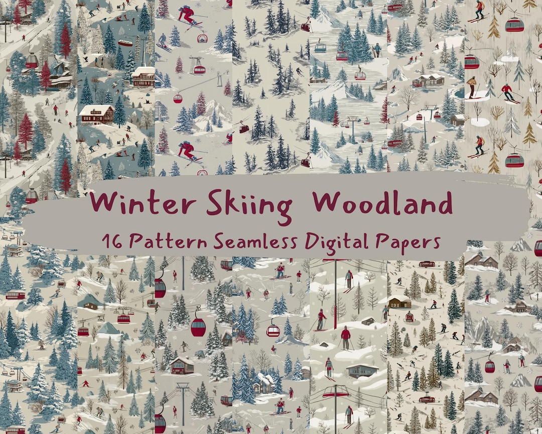 Winter Skiing Woodland Pattern Seamless Digital Papers - Printable ...