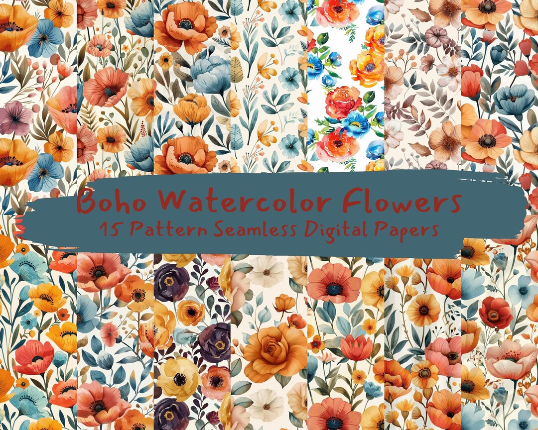 Boho Watercolor Flowers Pattern Seamless Digital Papers - Printable ...