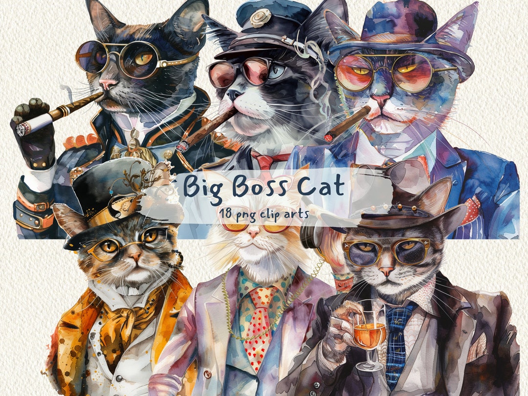 Big Boss Cat Digital Printable Clipart Bundle in PNG Format Transparent ...