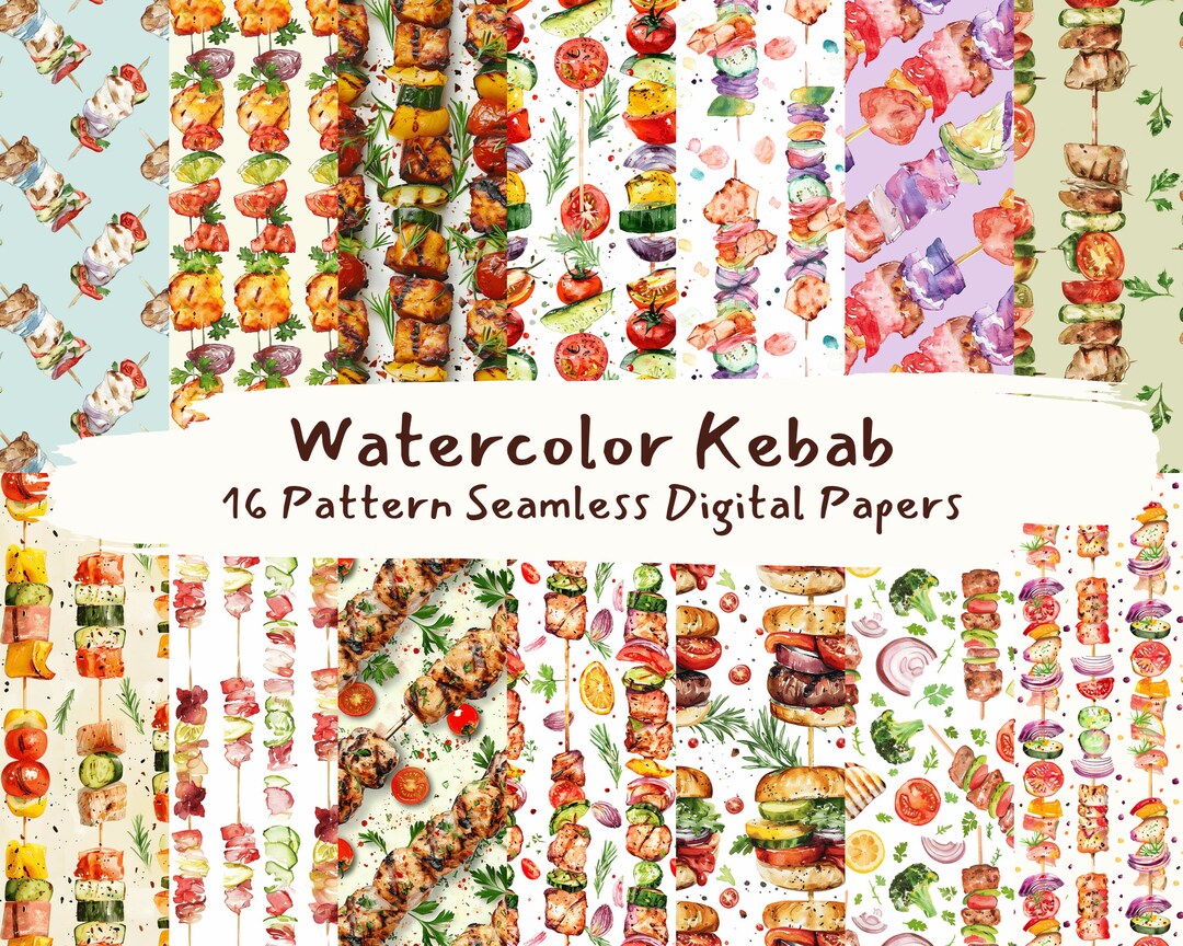 Watercolor Kebab Pattern Seamless Digital Papers - Printable Scrapbook ...