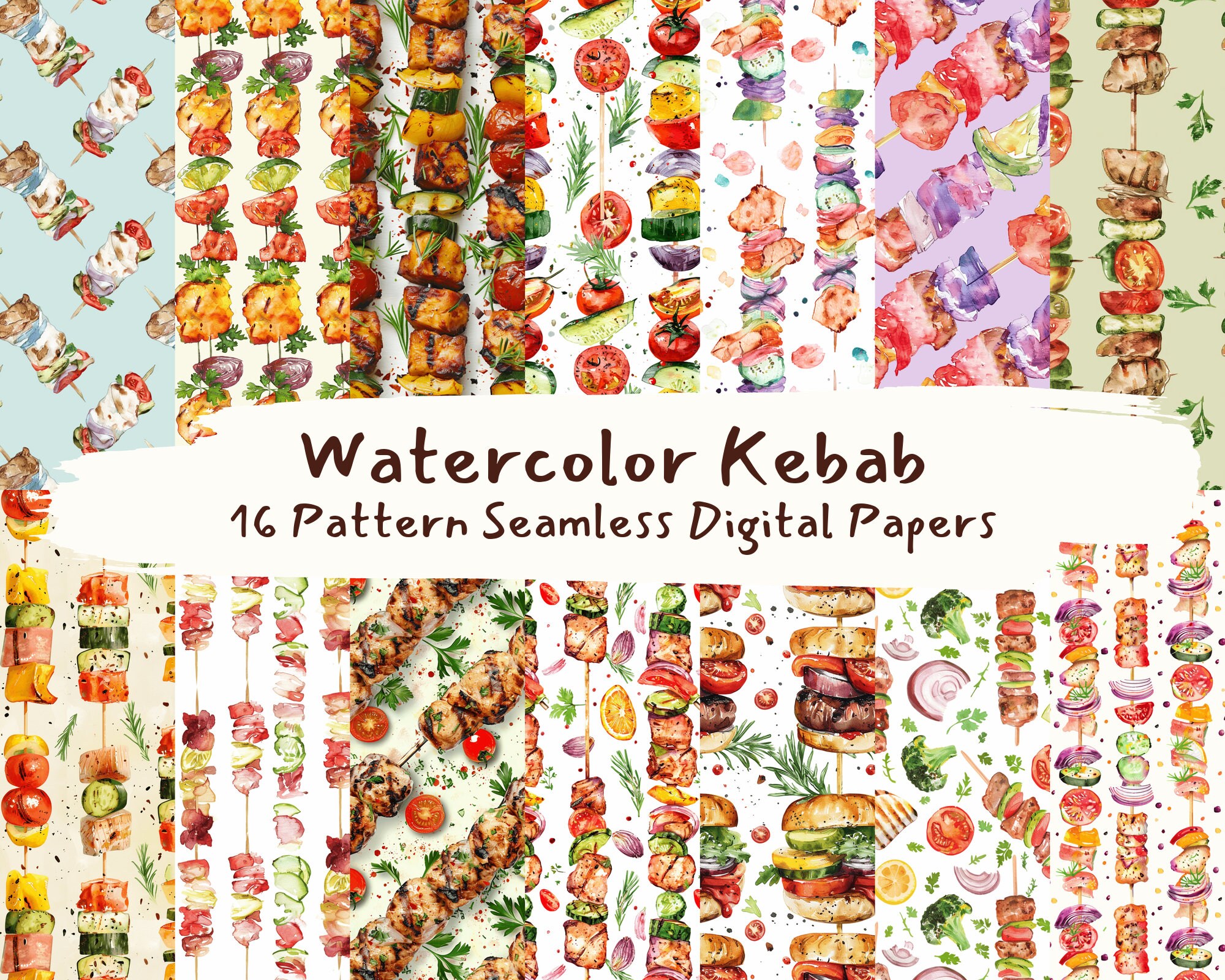 Watercolor Kebab Pattern Seamless Digital Papers - Etsy
