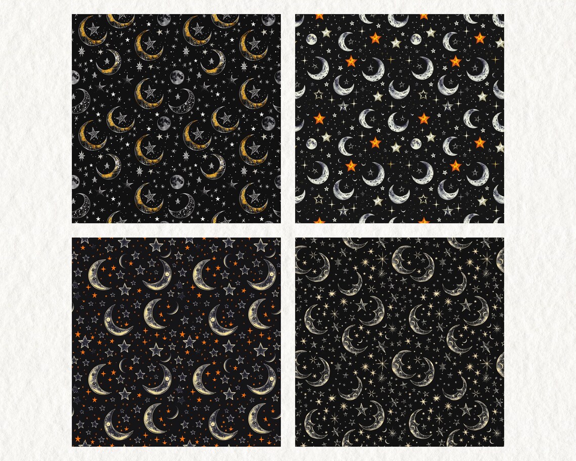 Moons, Stars, Pentacles Pattern Seamless Digital Papers - Printable ...