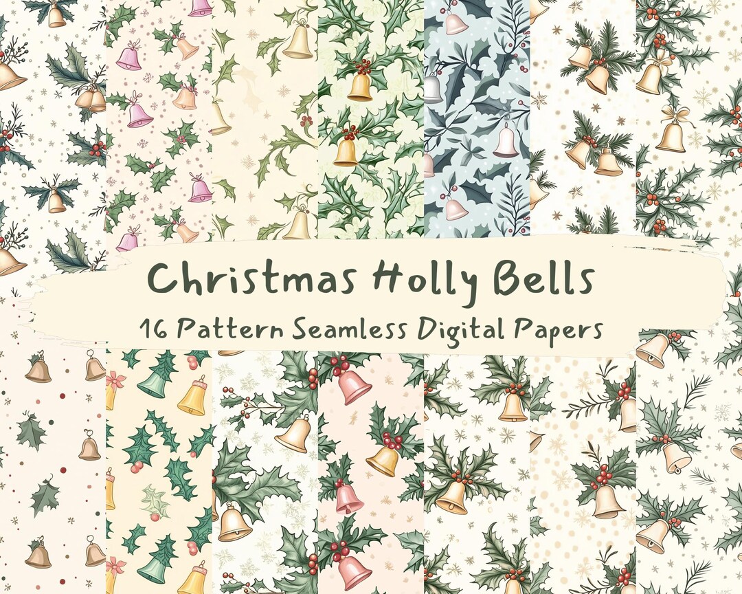 Christmas Holly Bells Pattern Seamless Digital Papers - Printable ...