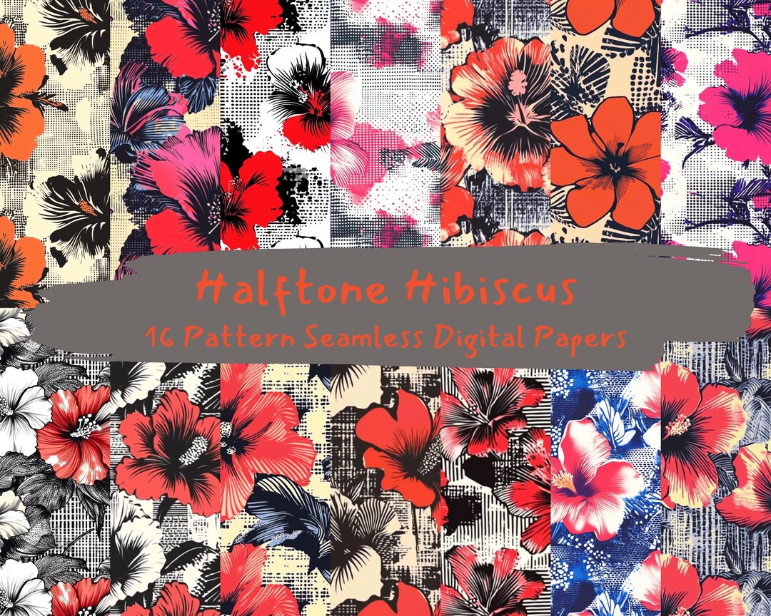 Halftone Hibiscus Pattern Seamless Digital Papers - Printable Scrapbook ...