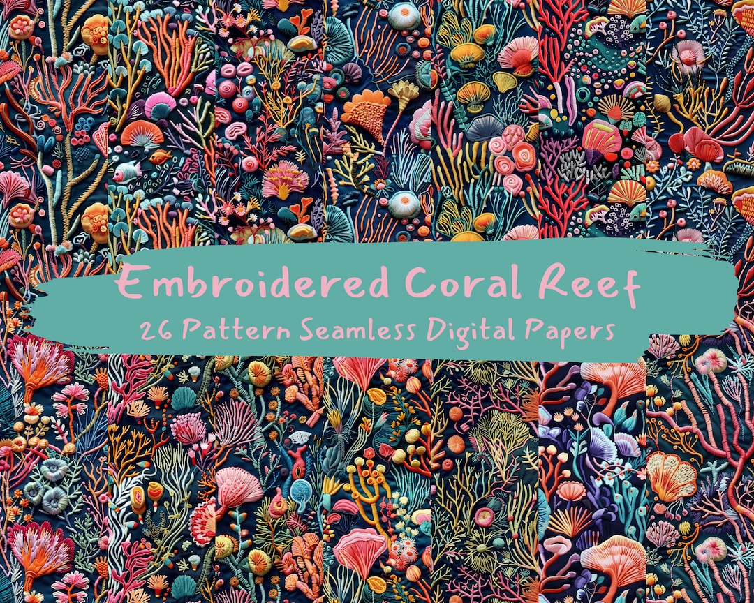 Embroidered Coral Reef Pattern Seamless Digital Papers - Printable ...