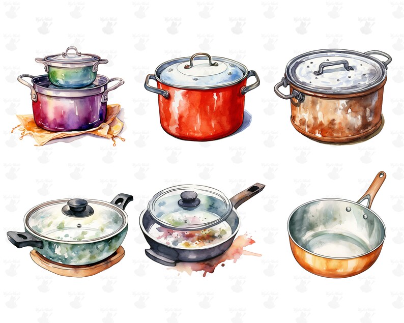 Watercolor Cookware Digital Printable Clipart Bundle in PNG Format ...