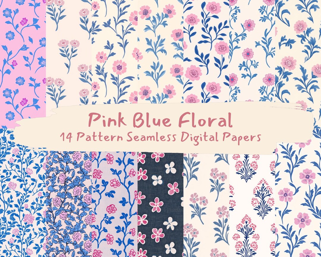 Pink Blue Floral Pattern Seamless Digital Papers - Printable Scrapbook ...