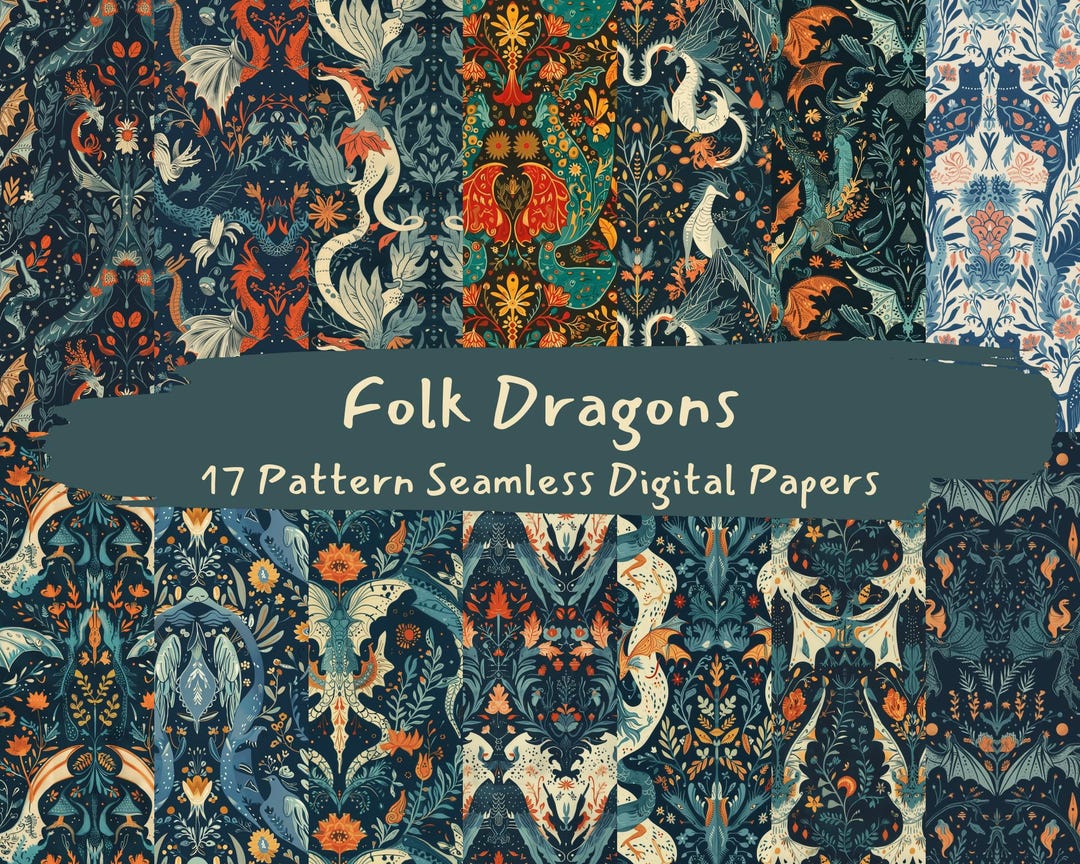 Folk Dragons Pattern Seamless Digital Papers - Printable Scrapbook ...