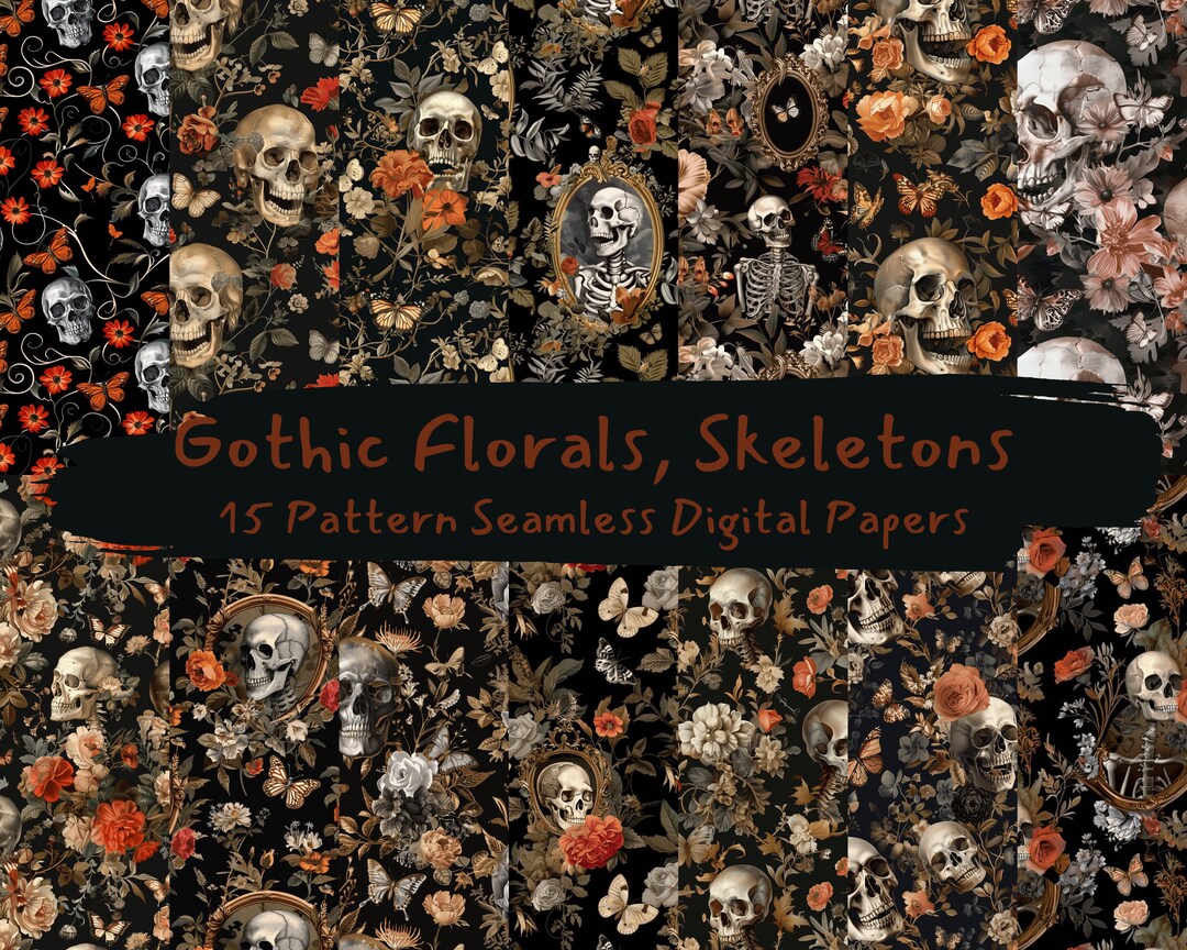 Gothic Florals, Skeletons Pattern Seamless Digital Papers - Printable ...