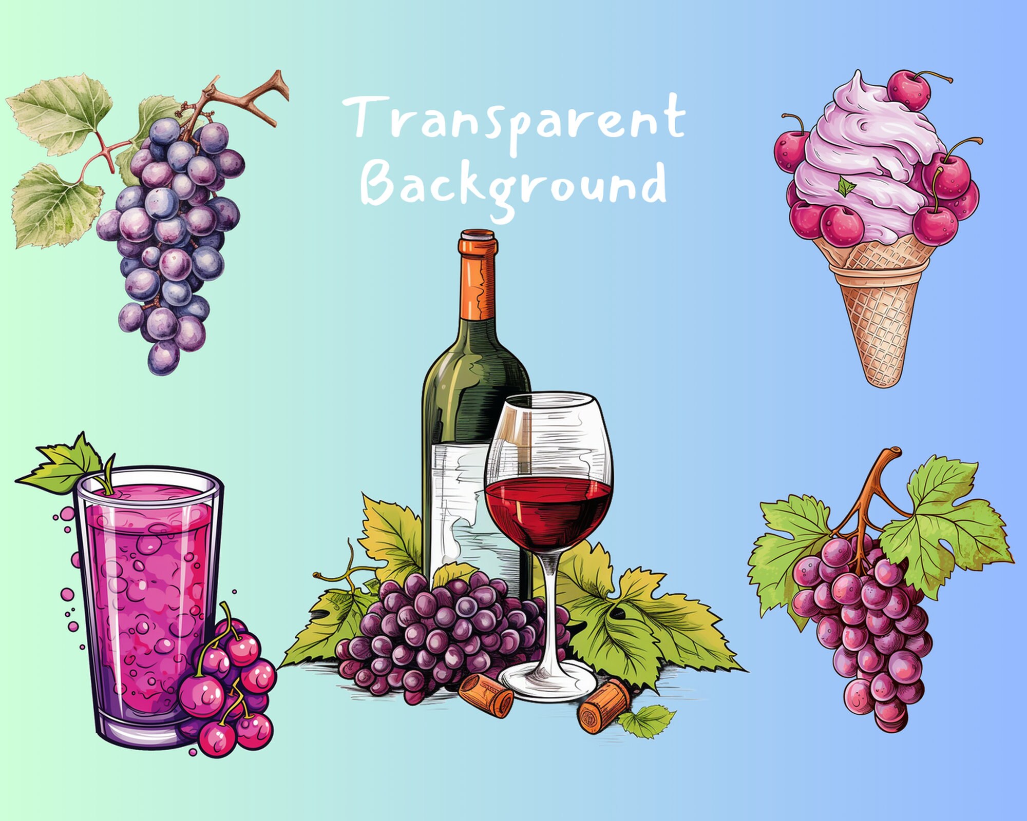 Doodle Grape Food, Digital Clip Art Graphics in PNG Format Transparent ...